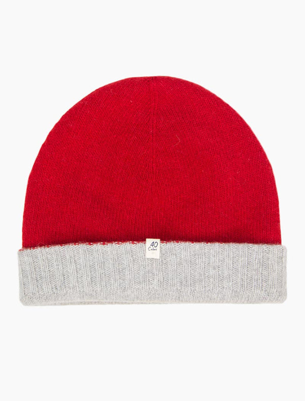 Red & Light Grey Reversible Fitted Wool & Cashmere Beanie - 40 Colori