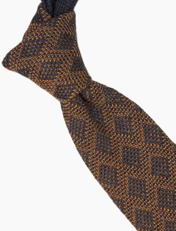 Grey & Orange Diamond Check 100% Wool Knitted Tie | 40 Colori